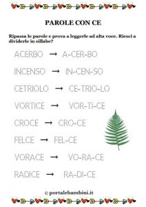 Parole con CE: elenco e schede didattiche | portalebambini.it