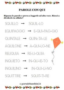 Parole con QUI: elenco e schede didattiche | portalebambini.it