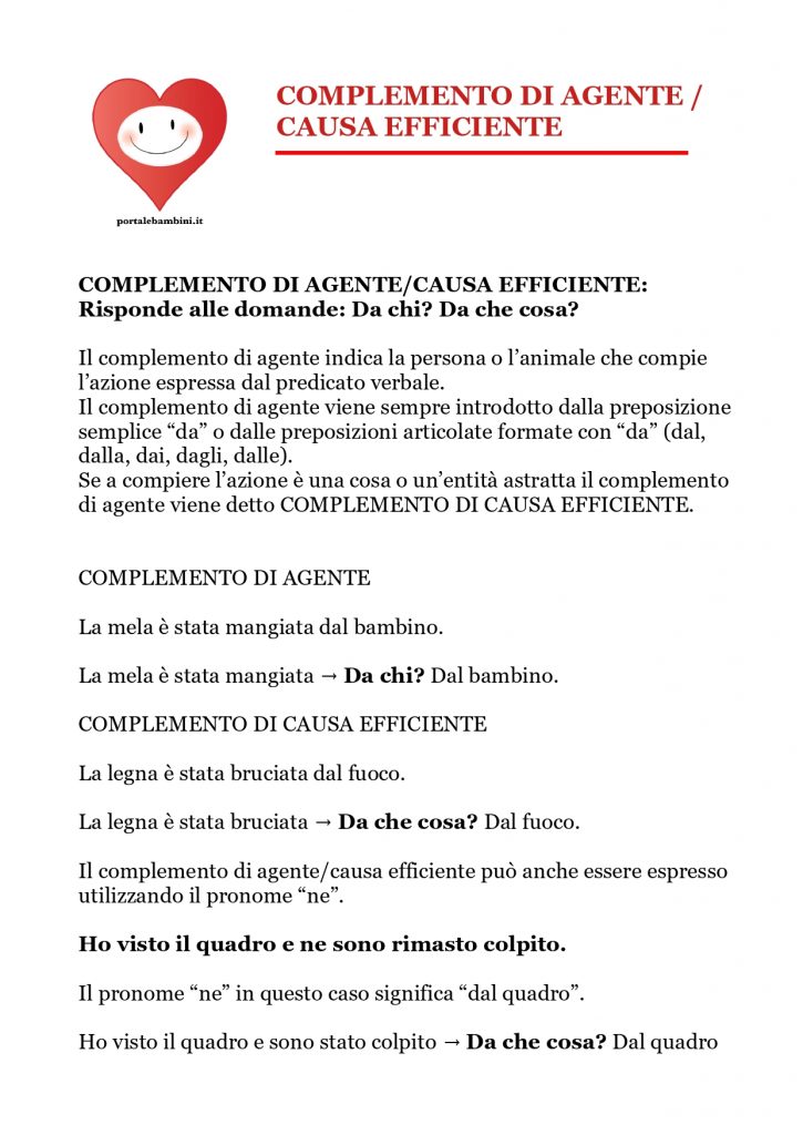 Il Complemento di Agente / Causa Efficiente | portalebambini.it