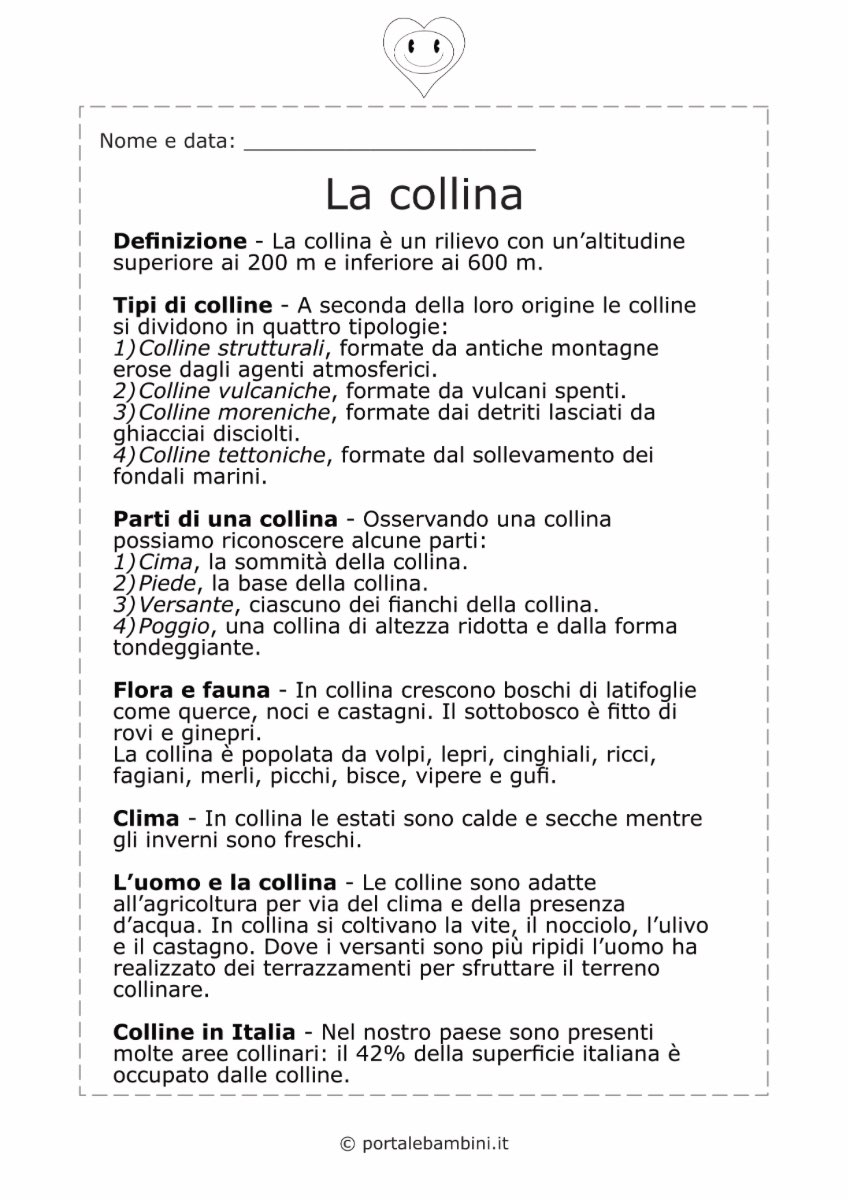 La Collina (schede per la scuola primaria) | portalebambini.it