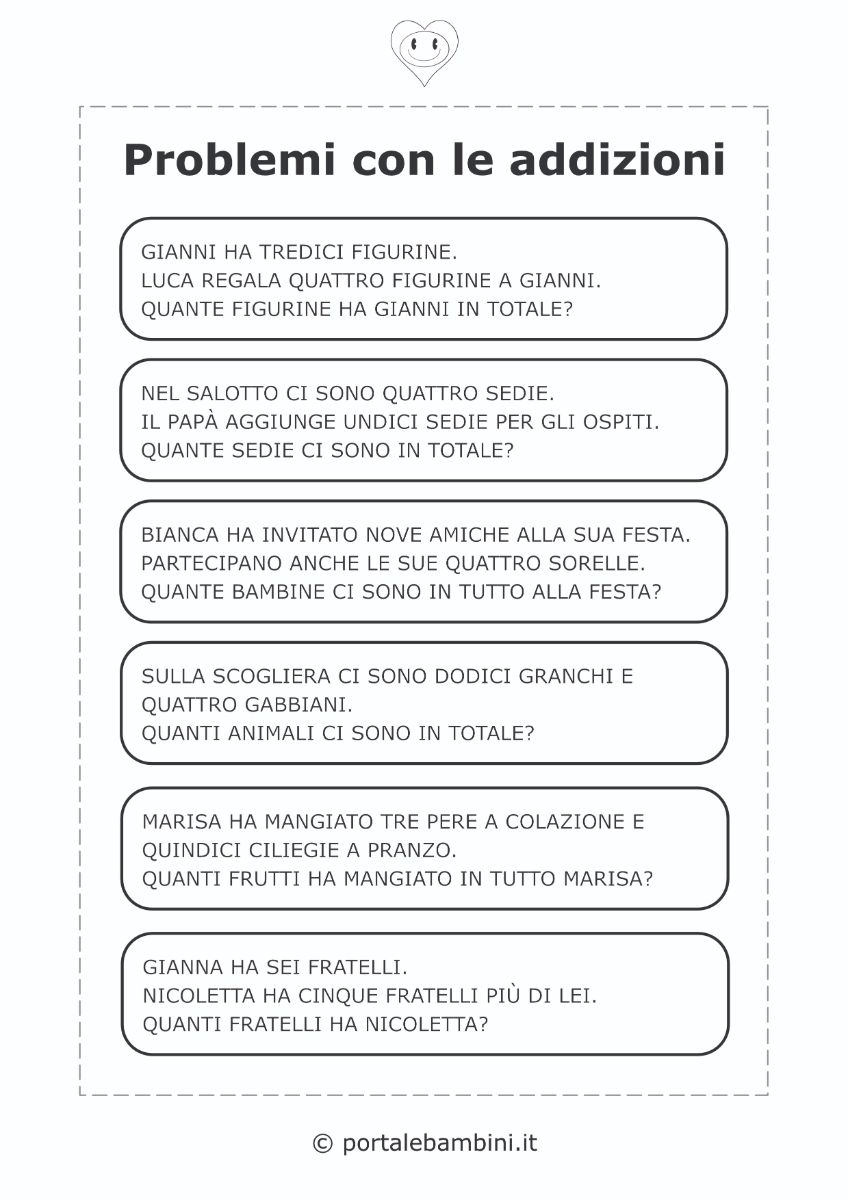 Problemi con Addizione - portalebambini.it