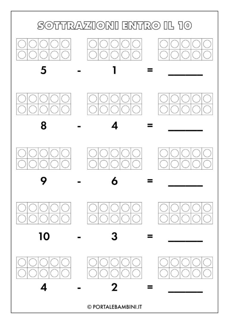 Sottrazioni entro il 10 (Schede didattiche) | portalebambini.it