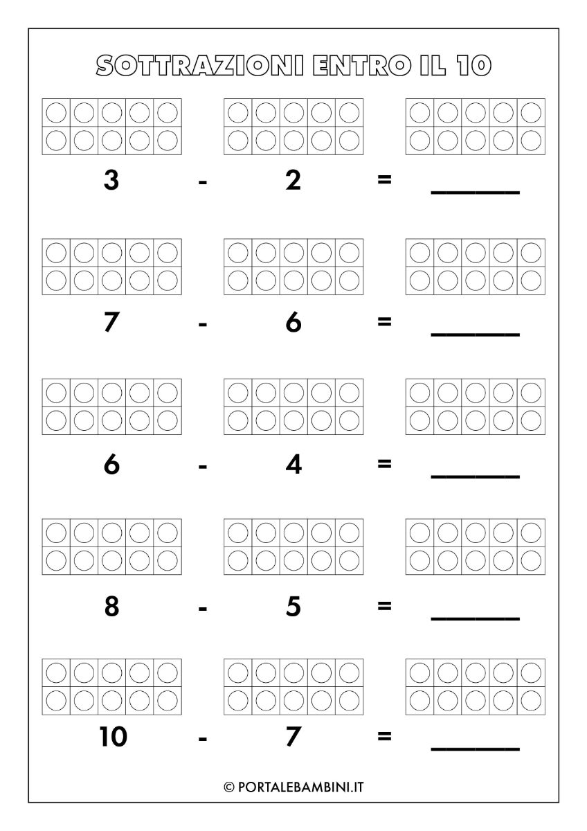 Sottrazioni entro il 10 (Schede didattiche) | portalebambini.it